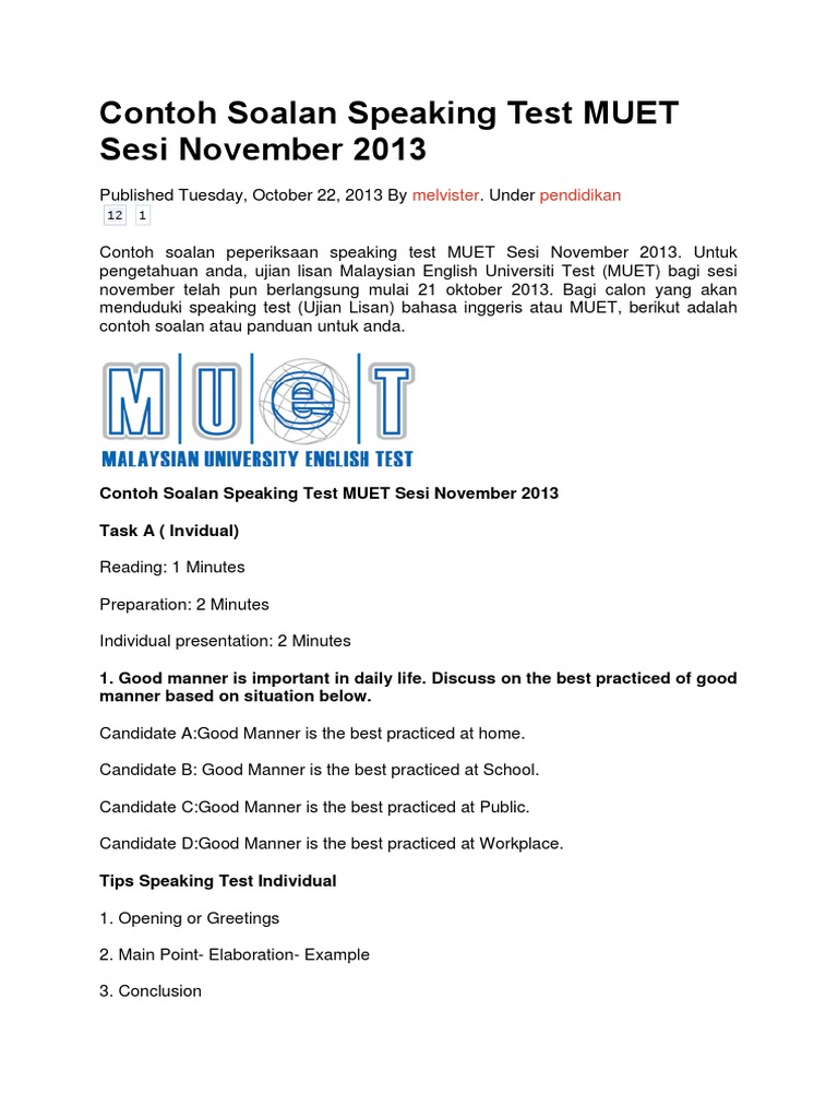 Contoh Soalan Speaking Test MUET Sesi November 2013 | PDF