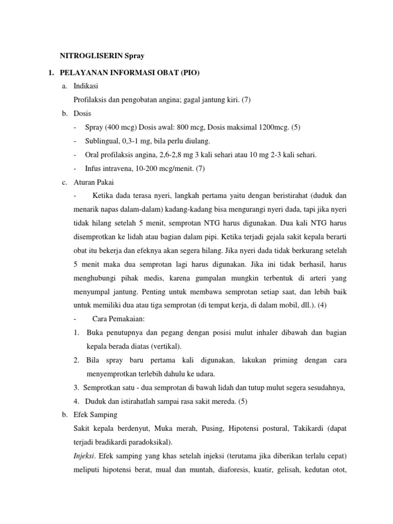 Dosis dan Indikasi Nitrogliserin Spray | PDF