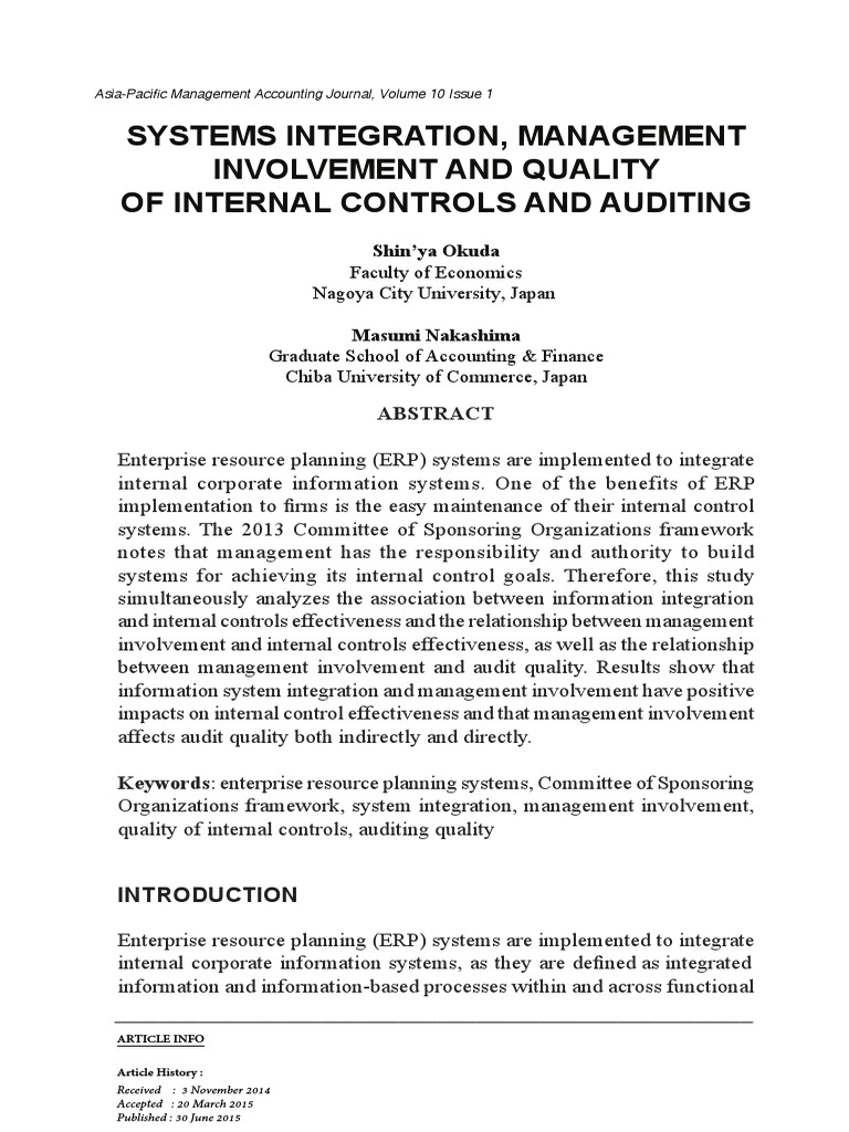 Systems Integration, Management Involvement and Quality of Internal Controls and Auditing ...