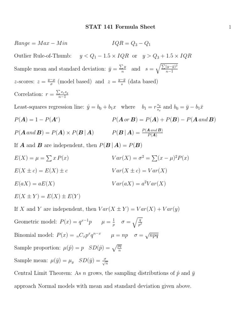 Statistics Formula Sheet | PDF | Standard Deviation | Mathematical And ...
