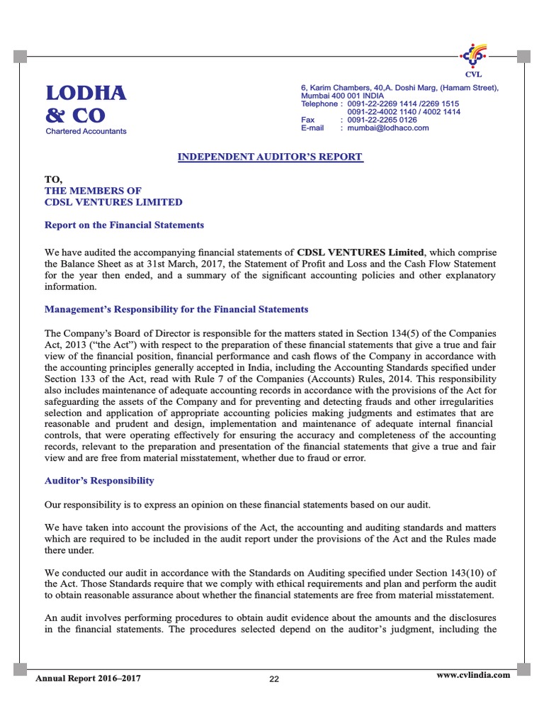CDSL Ventures Limited 2017 | PDF | Financial Audit | Audit