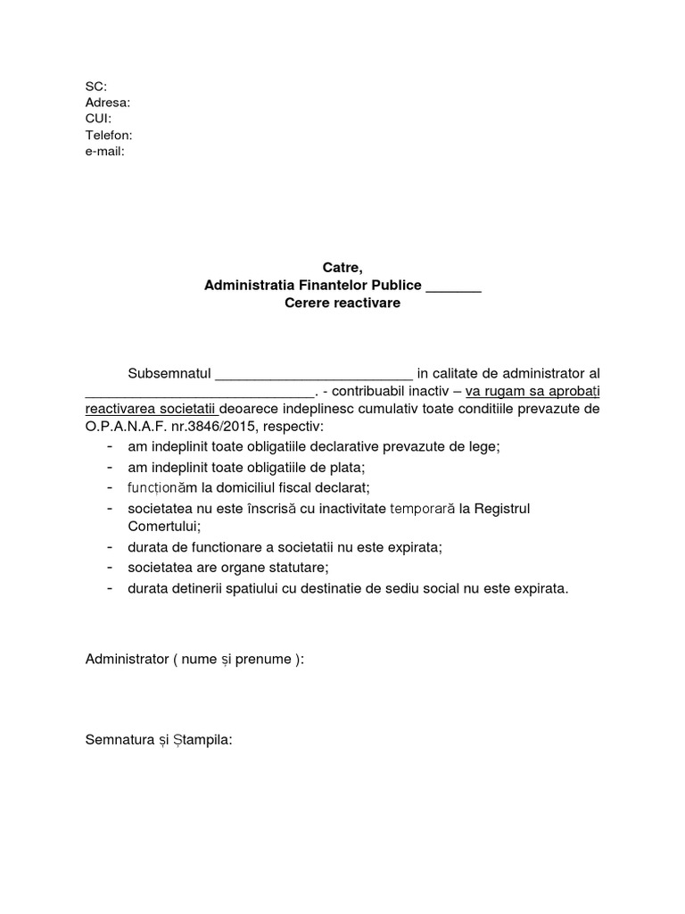 Catre, Administratia Finantelor Publice _______ Cerere reactivare