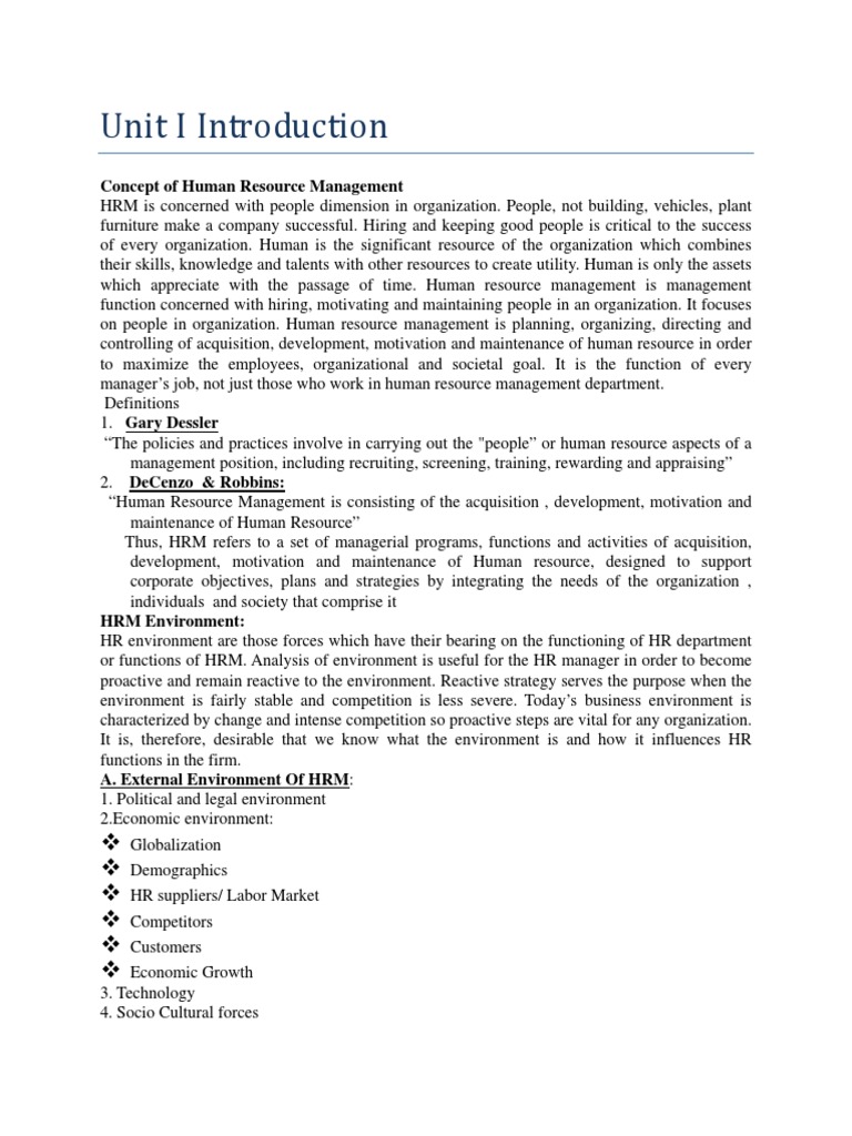 Unit I Introduction: Concept of Human Resource Management | PDF | Human ...