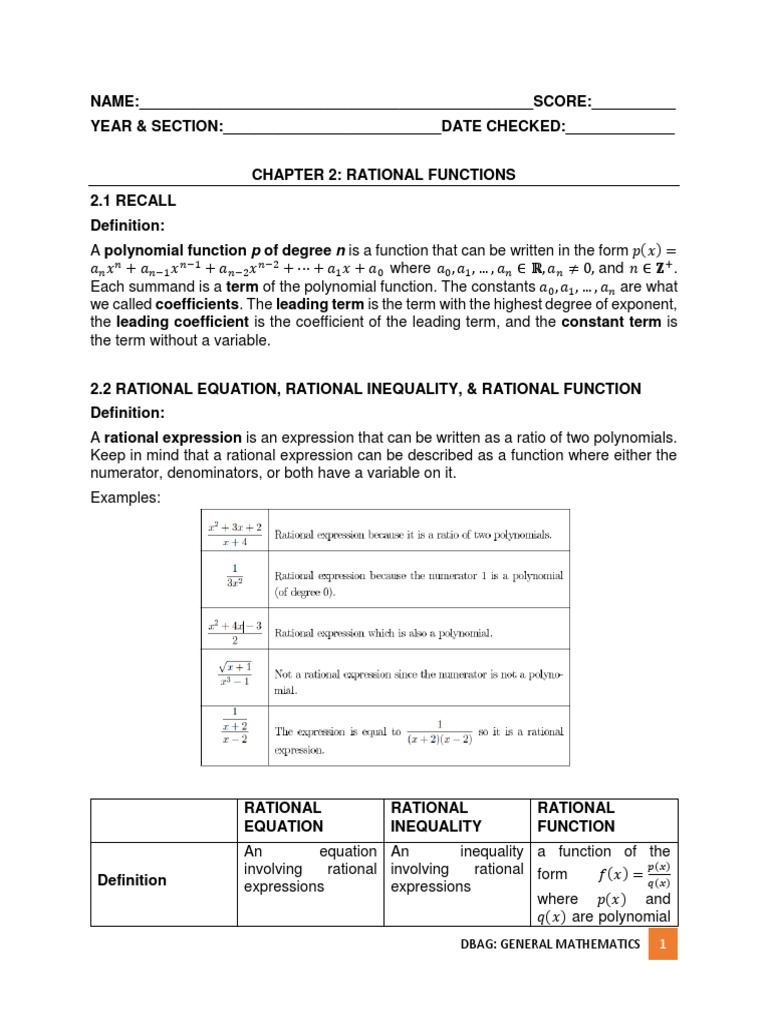 Rational Functions Chapter Review | PDF | Asymptote | Fraction (Mathematics)