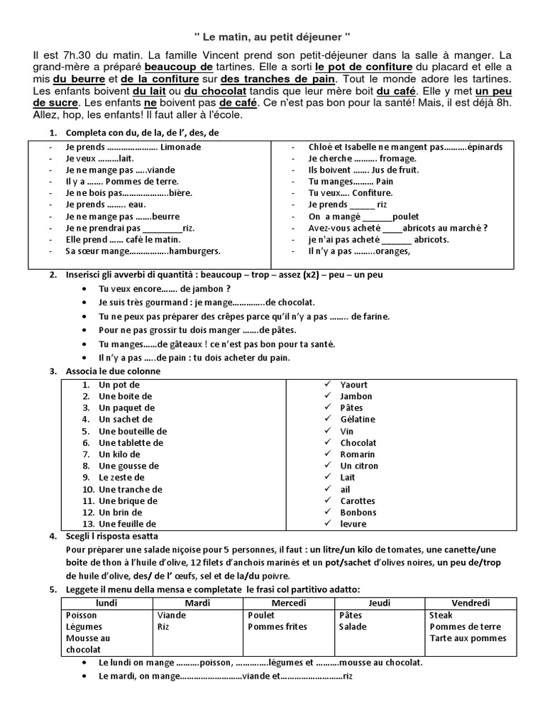 Exercices sur les articles partitifs | PDF | Nourritures | Cuisine
