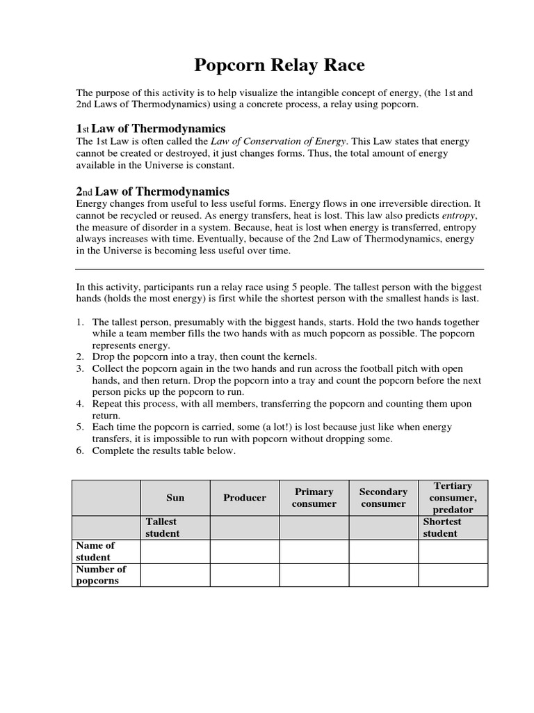 Popcorn Relay Race: 1 Law of Thermodynamics | PDF | Laws Of ...