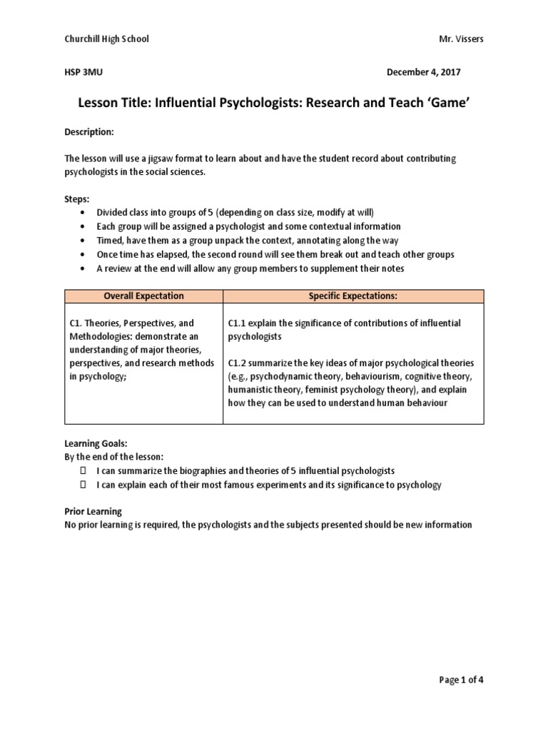 Influential Psychologists Lesson Plan | PDF | Psychology | Theory