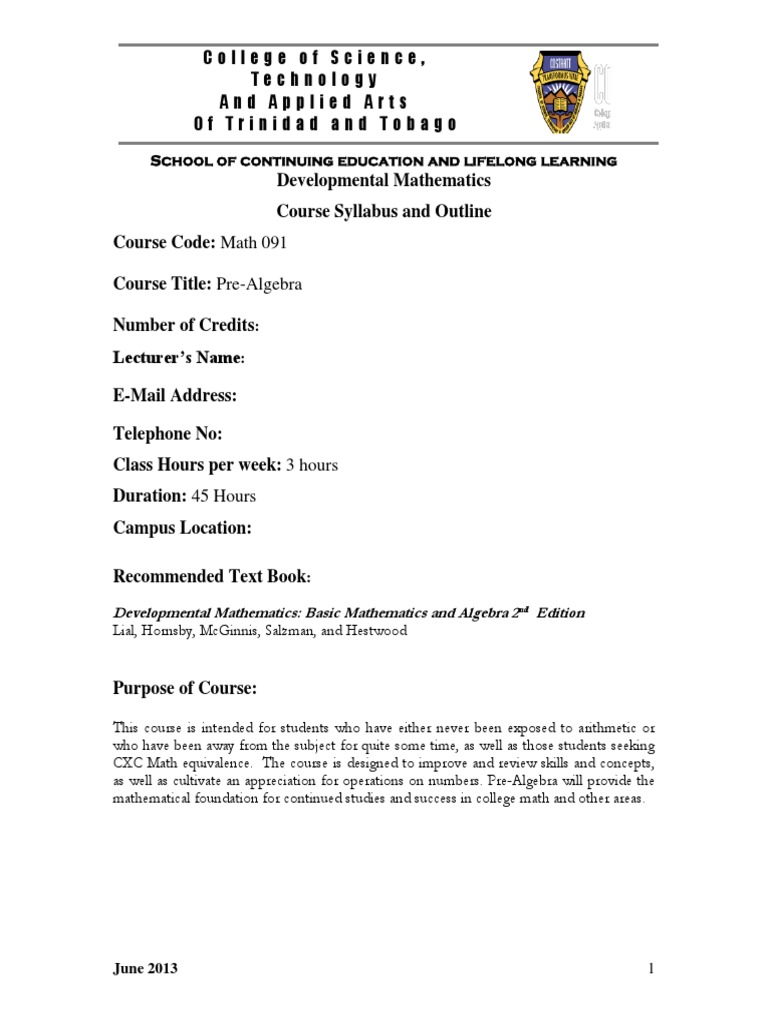 Math 091 Pre-Algebra Course Syllabus | PDF | Fraction (Mathematics ...