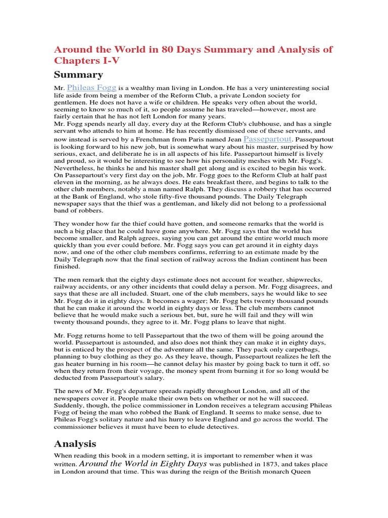 Around The World in 80 Days Summary and Analysis of Chapters I | PDF ...