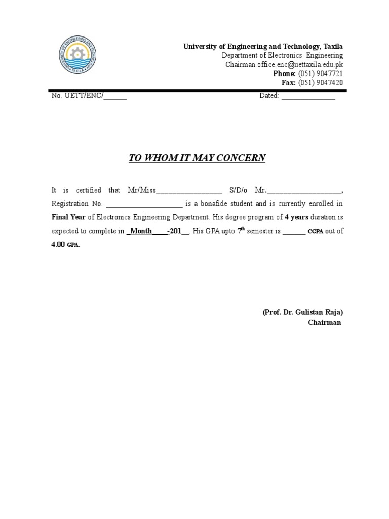 UET Taxila student enrollment verification letter | PDF