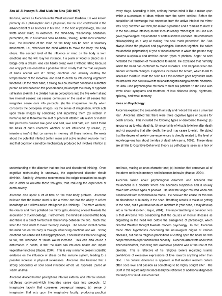 Abu Ali Al-Husayn B. Abd Allah Ibn Sina (980-1037) | PDF | Mind ...