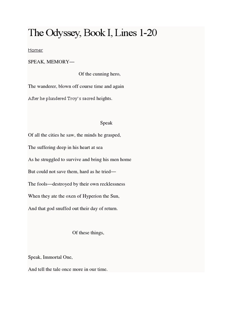 The Odyssey, Book I, Lines 1-20: Homer | PDF