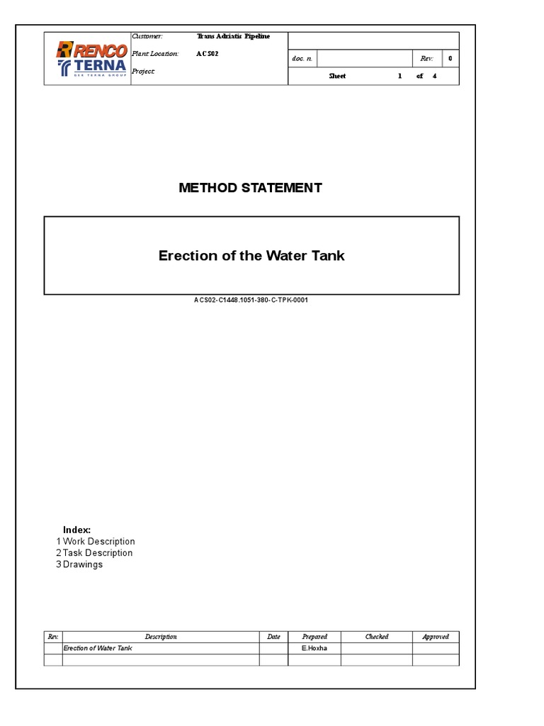 Method Statement For Erection of Water Tank | PDF | Scaffolding ...
