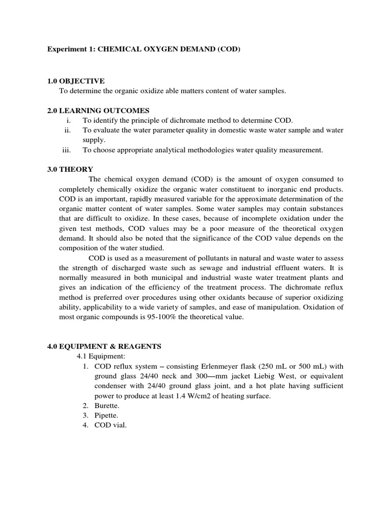 Experiment 1: Chemical Oxygen Demand (Cod) | PDF | Chemistry | Materials