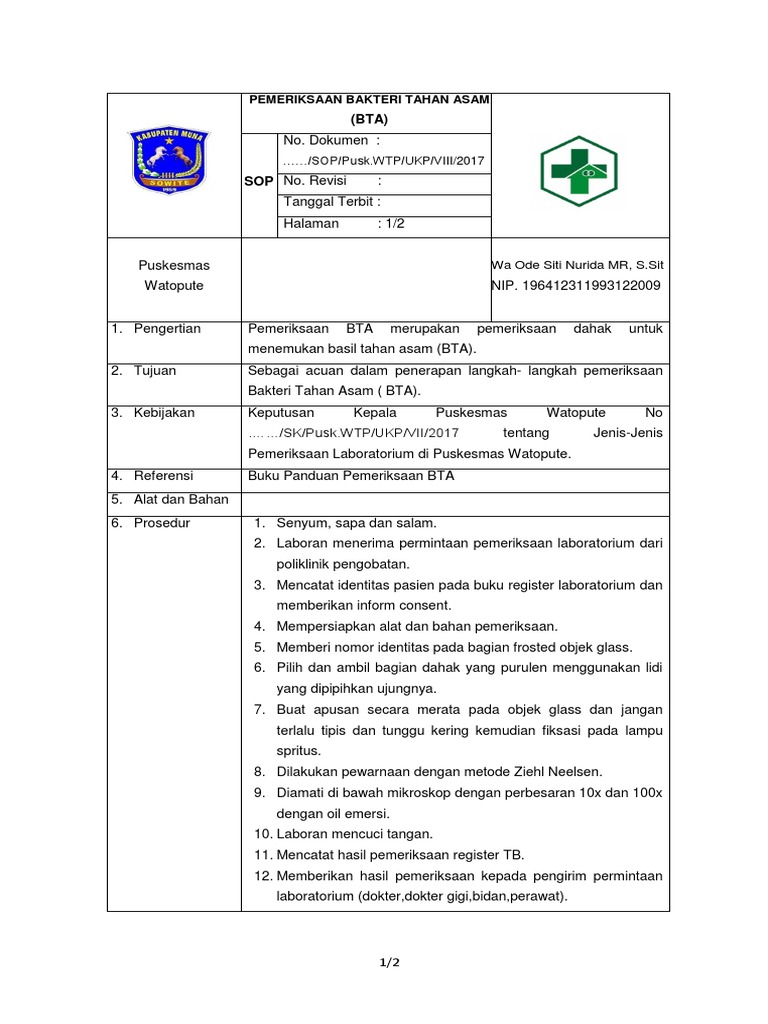 8.1.1 Ep 1 Sop Pemeriksaan Bakteri Tahan Asam | PDF