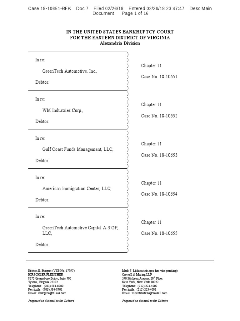 GreenTech Automotive Chapter 11 Filing | PDF | Chapter 11 | Bankruptcy ...