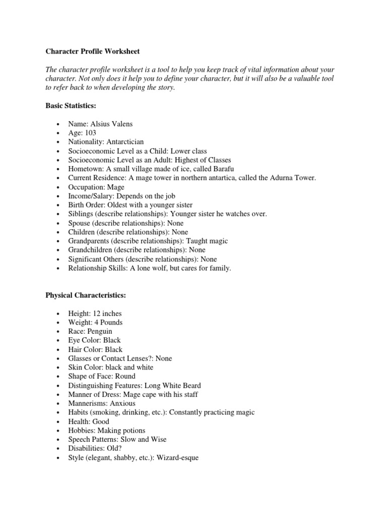 Character Profile Worksheet | PDF | Extraversion And Introversion | Hero
