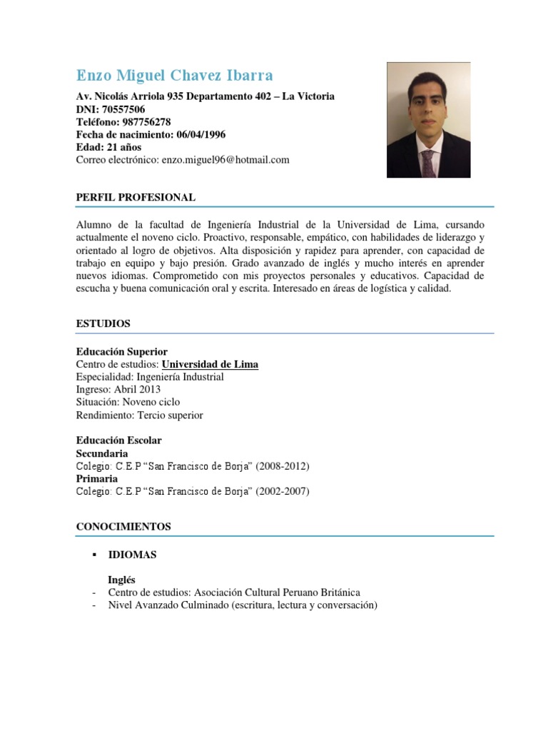 Perfil de Enzo Chavez: Ingeniero Industrial | PDF | Crecimiento ...