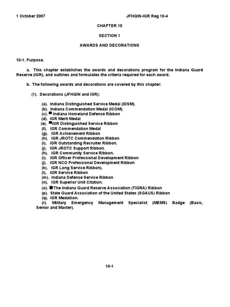 Indiana Guard Reserve Awards & Decorations (JFHQIN-IGR Regulation 10-4 ...