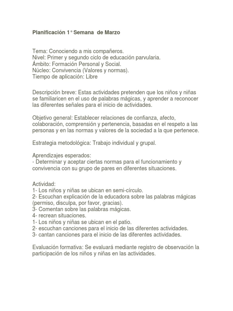 Planificación 1° Semana de Marzo Pre-Kinder y Kinder | PDF
