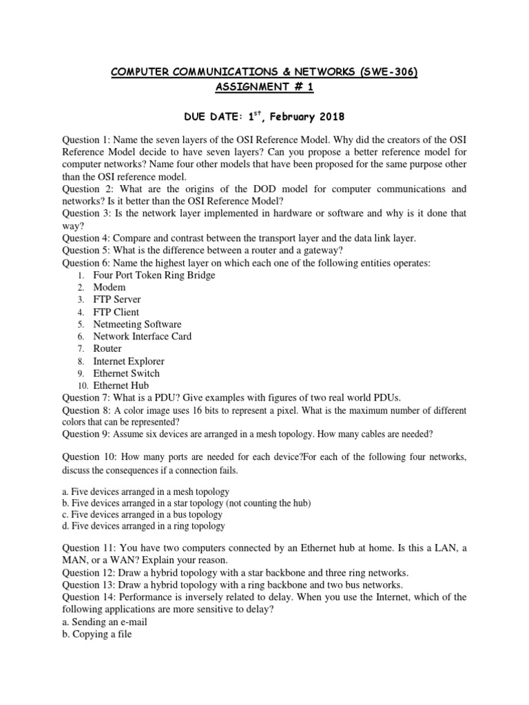 Computer Communications & Networks (Swe-306) Assignment # 1 Due Date: 1, February 2018 | PDF ...