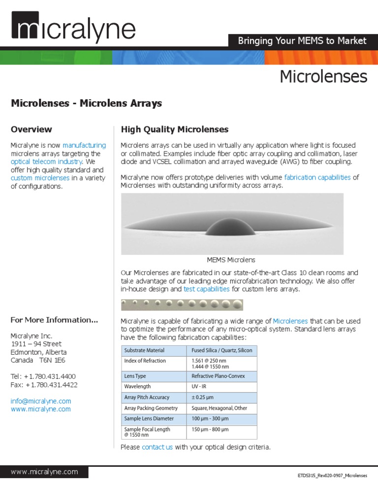 Microlenses - Microlens Arrays - Micralyne MEMS Manufacturer | PDF ...