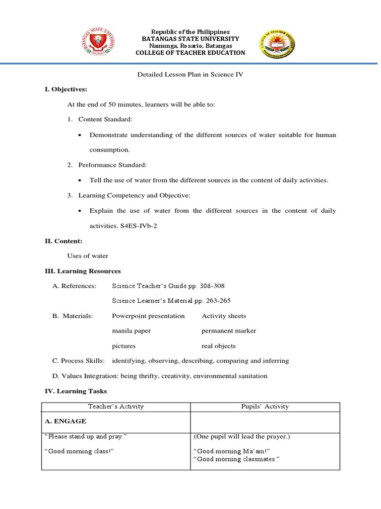 Detailed Lesson Plan in Science IV-Uses of Water | PDF | Lesson Plan ...