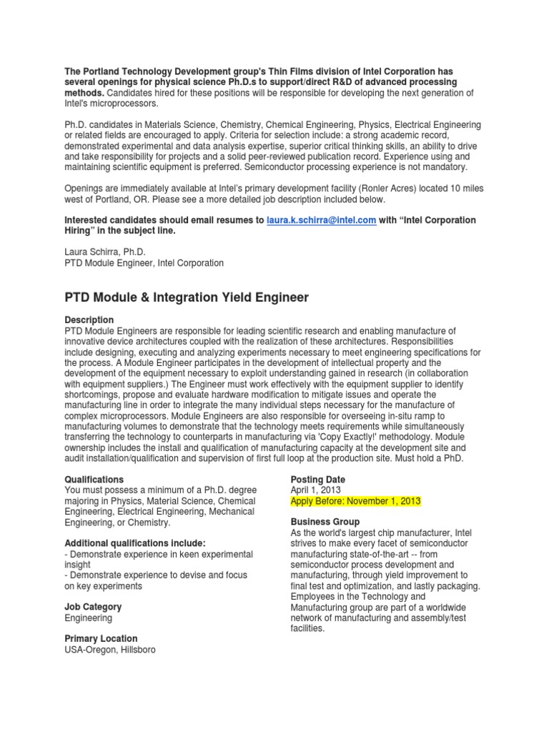 INTEL PTD Module Engineer Position | PDF | Engineer | Intel