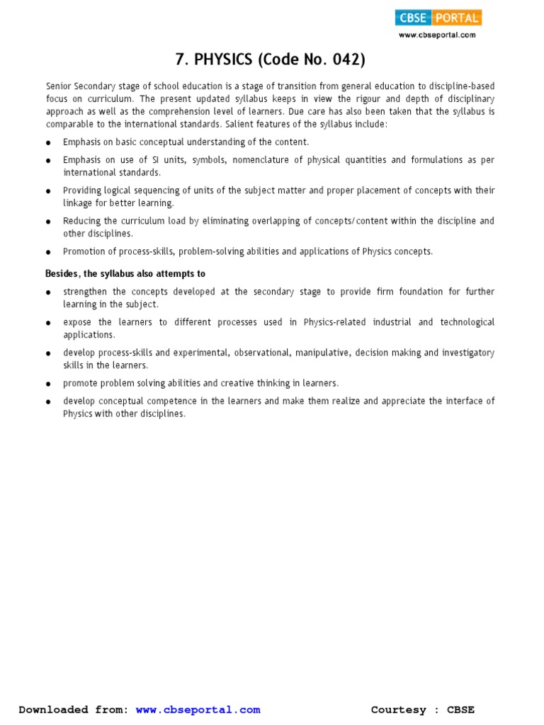 PHYSICS (Code No. 042) : Besides, The Syllabus Also Attempts To | PDF ...