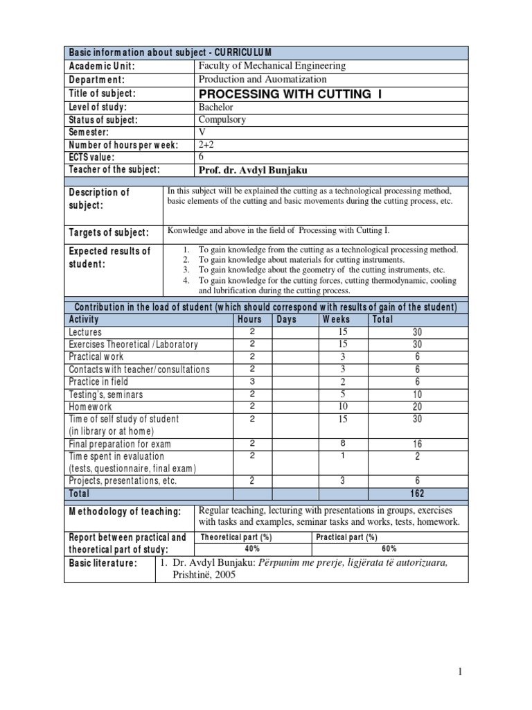 Processing With Cutting I: Basic Information About Subject - CURRICULUM ...