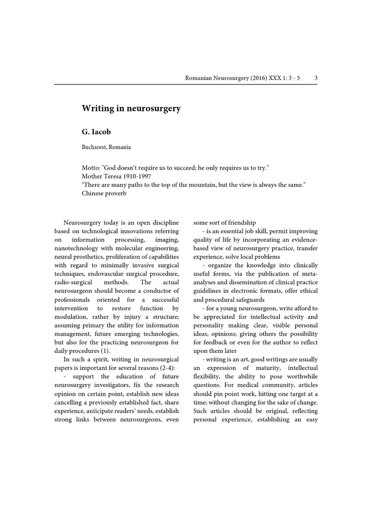 Writing in Neurosurgery: G. Iacob | PDF | Neurosurgery | Experiment