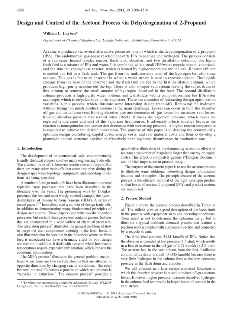 Design and Control of The Acetone Process Via Dehydrogenation of 2 ...