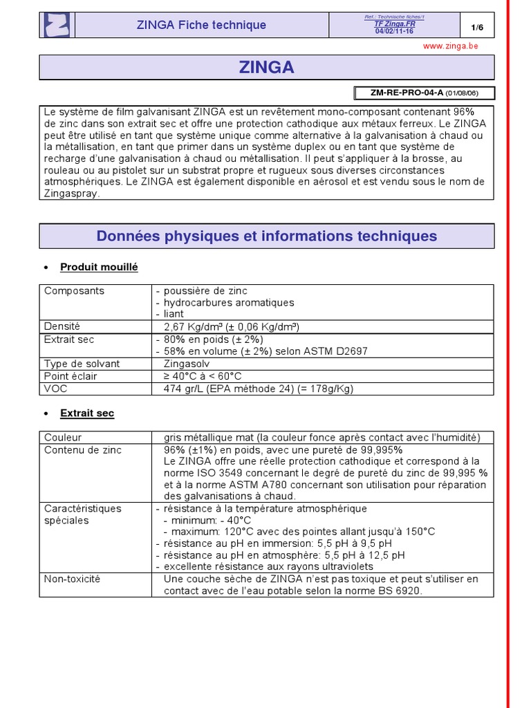Zinga Fiche Technique | Zinc | Température