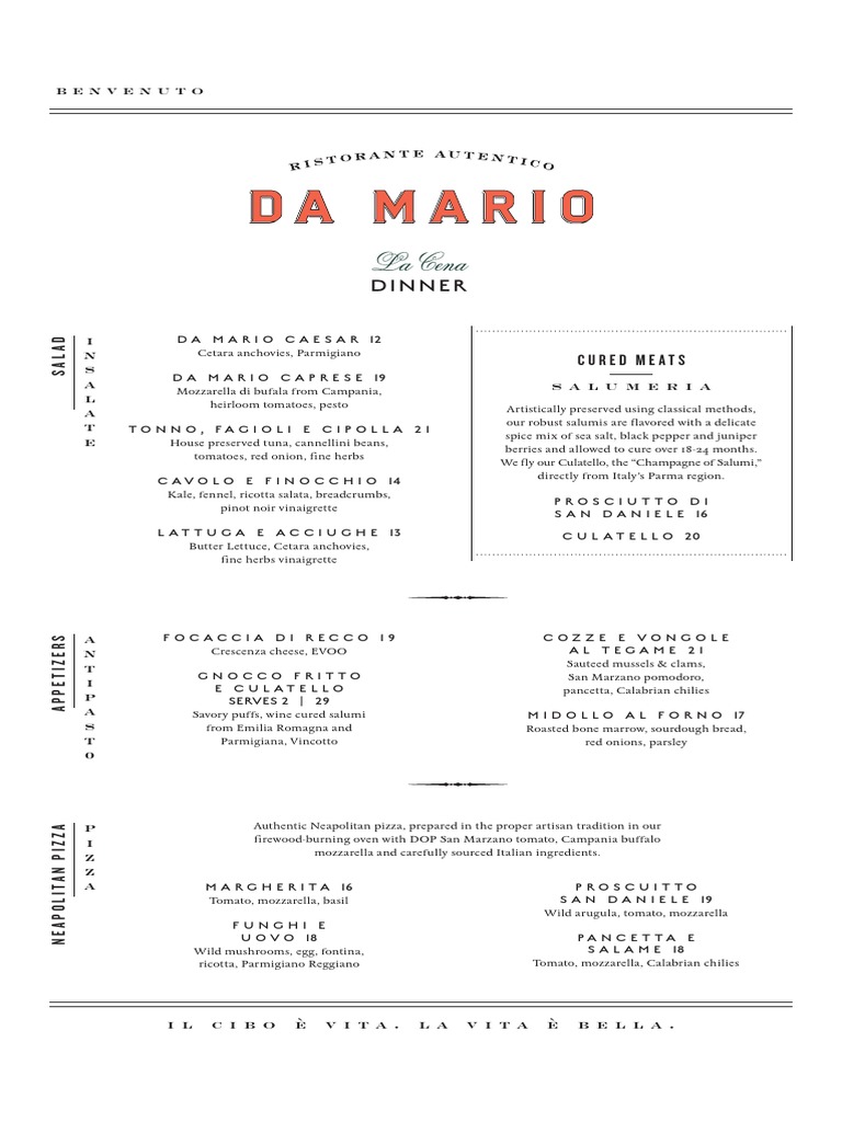 Da Mario Dinner Menu | Download Free PDF | Mozzarella | Pizza