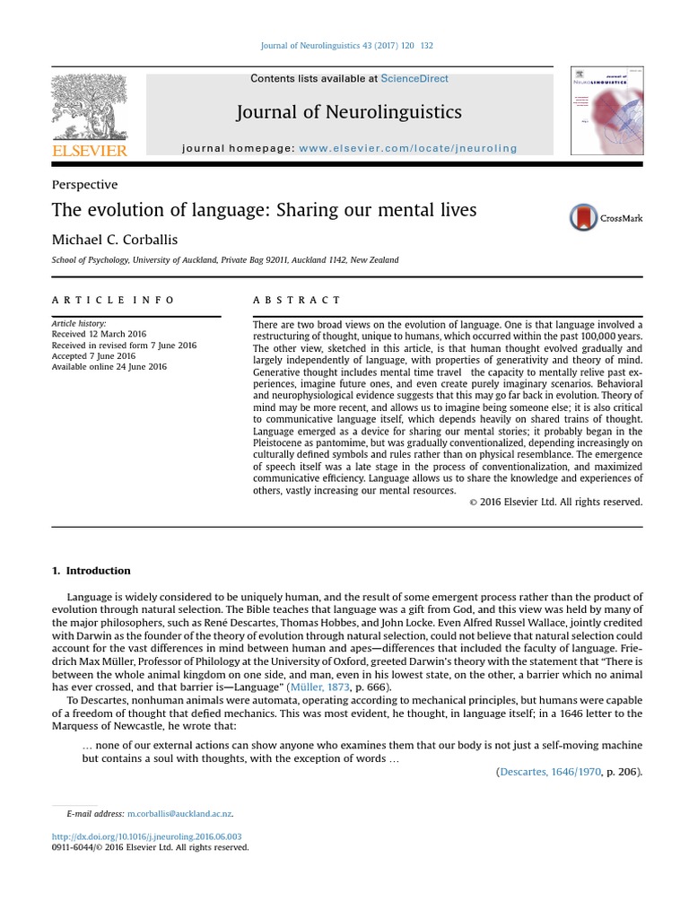 The Evolution Of Language Corballis Pdf Hippocampus Thought
