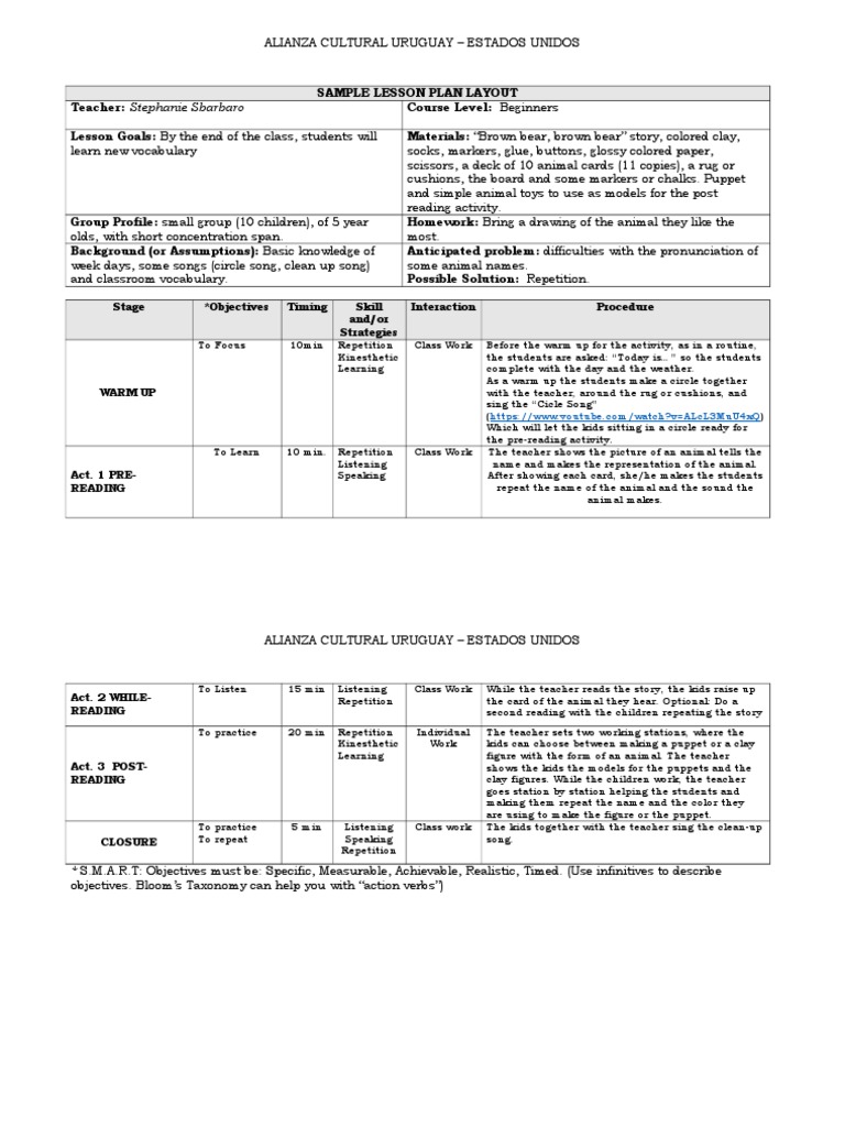 Reading Activity Lesson Plan Brown Bear | Descargar gratis PDF | Lesson ...