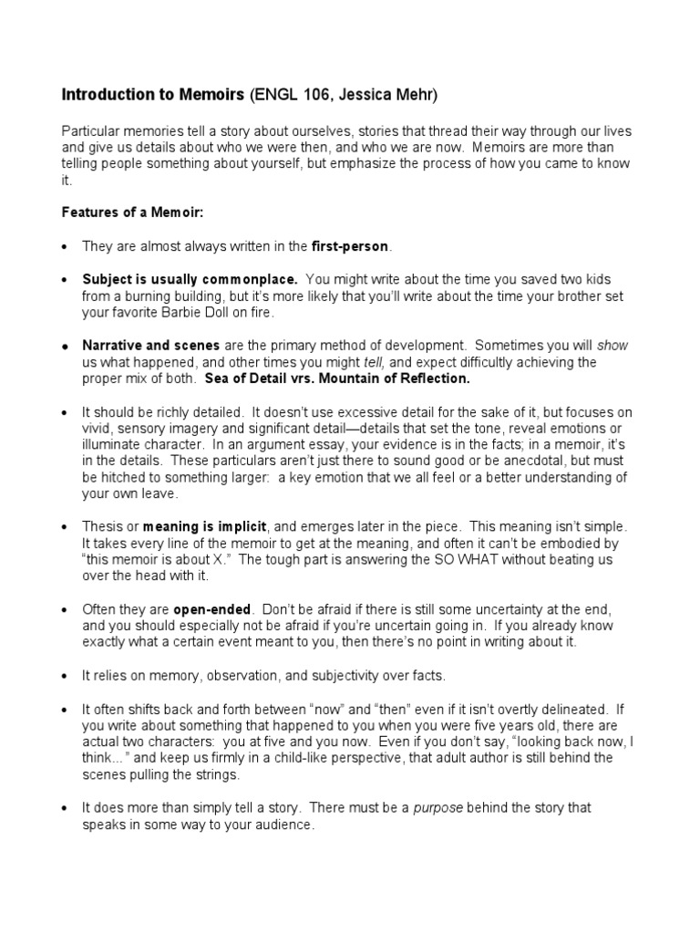 Introduction To Memoirs (ENGL 106, Jessica Mehr) : Features of A Memoir ...