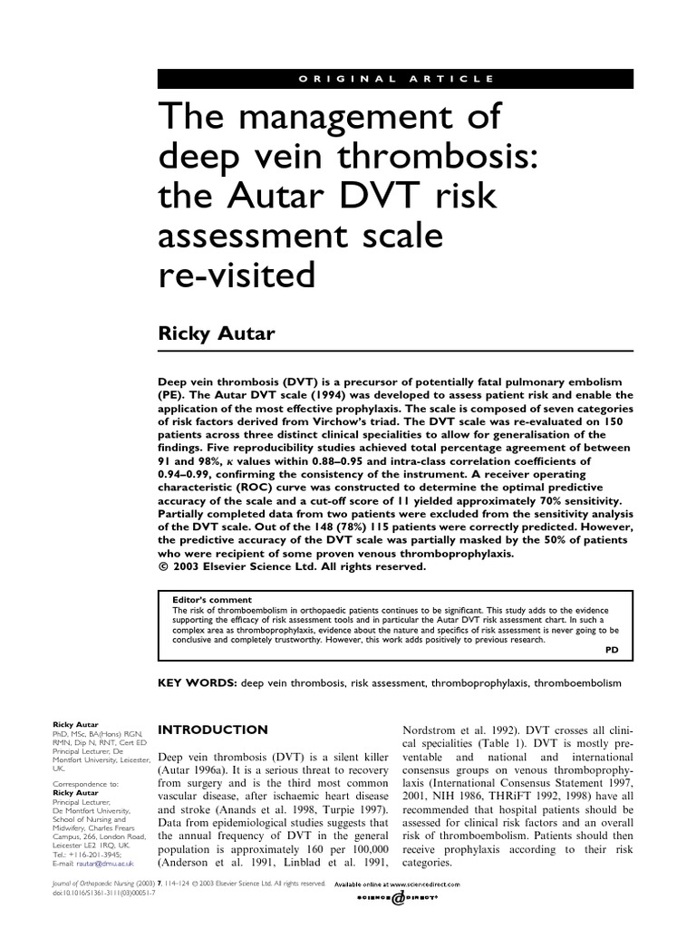 Autar DVT Risk Assessment Scale Review | PDF | Sensitivity And ...