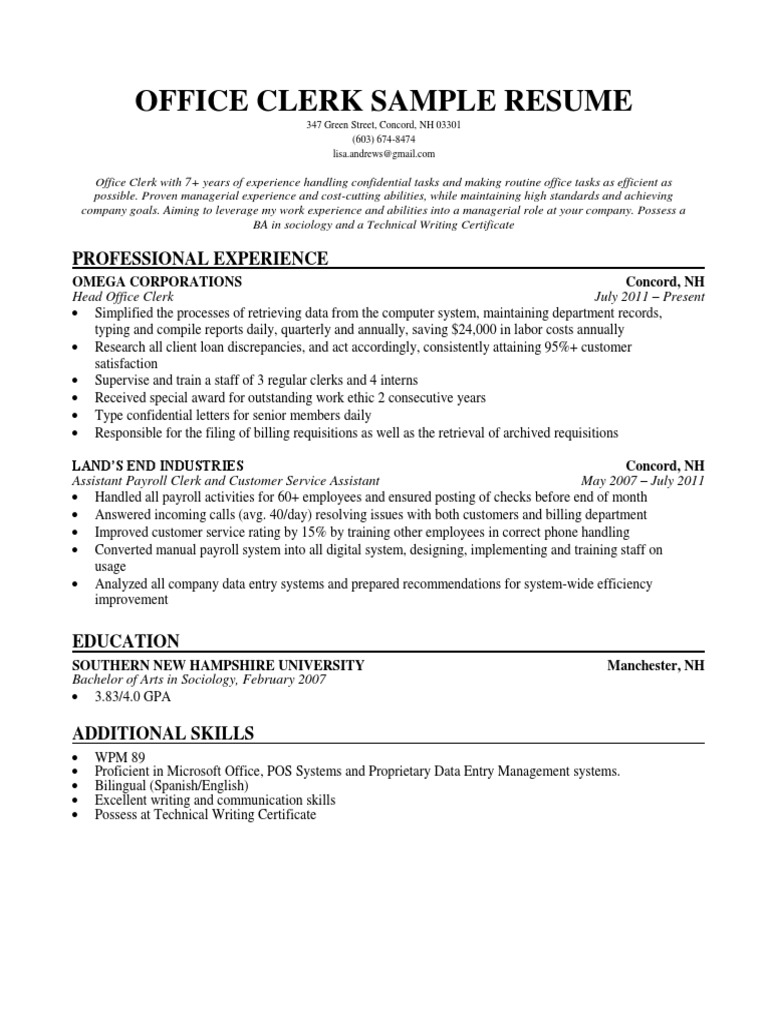 Office Clerk Sample Resume: Professional Experience | PDF | Computing ...