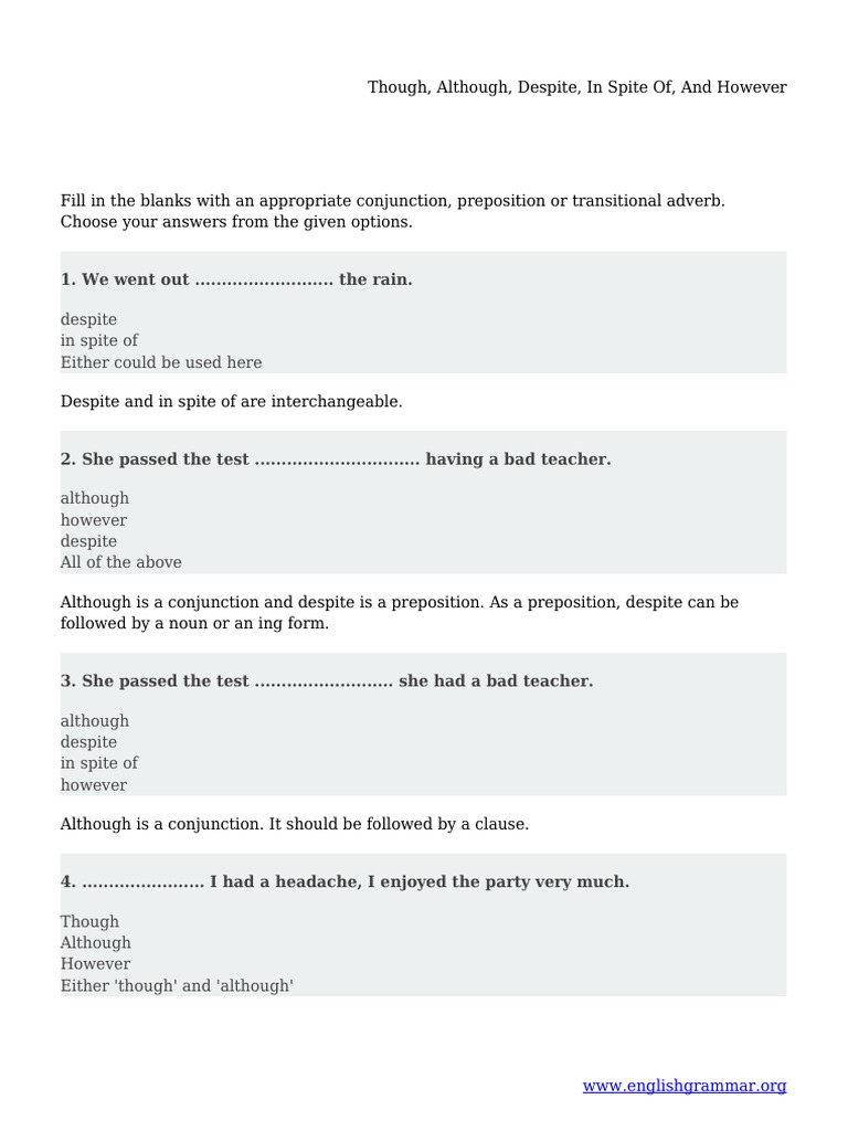 Though, Although, Despite, in Spite Of, and However | PDF | Preposition ...