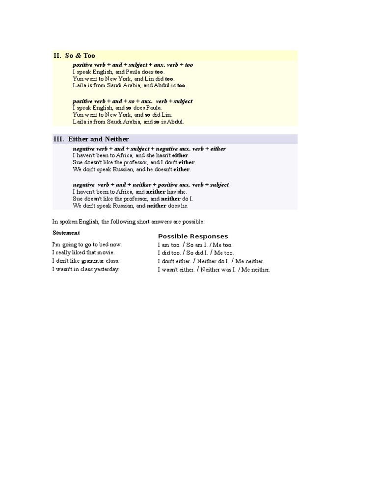 II. So & Too: Positive Verb + and + Subject + Aux. Verb + Too | PDF
