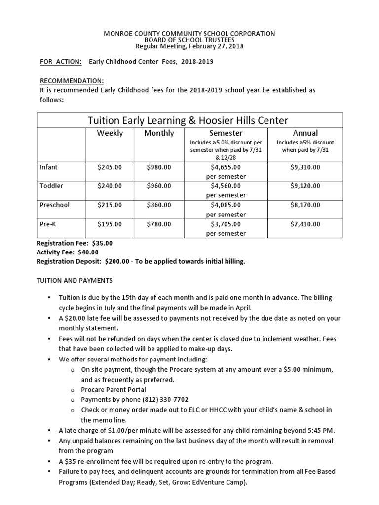 2018 Early Learning Center Fees | PDF | Fee | Child Care
