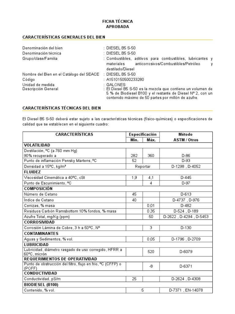 Características técnicas y especificaciones del combustible Diesel B5 S ...