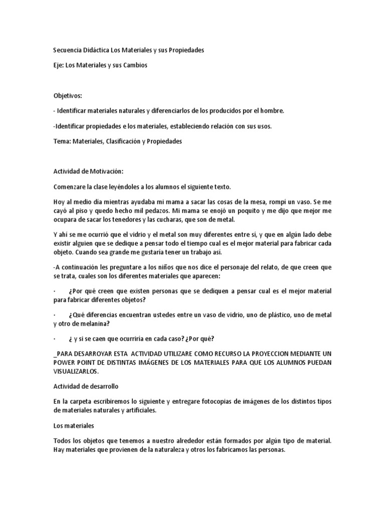 Secuencia Didáctica Los Materiales y Sus Propiedades | PDF ...