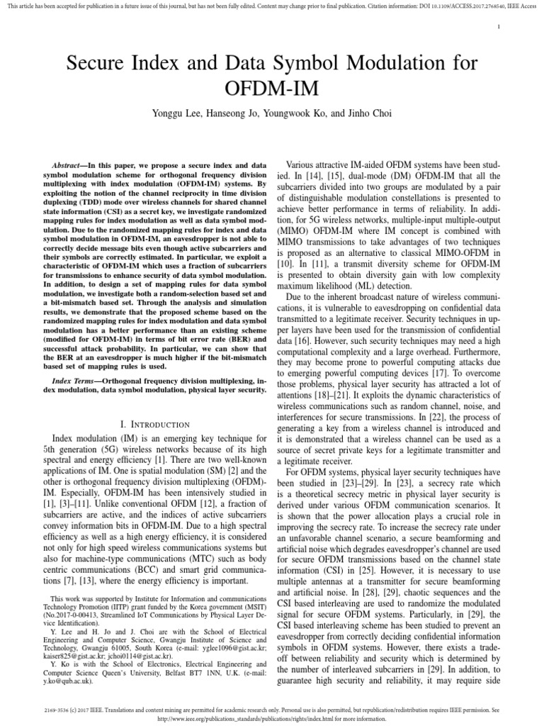 Secure Index and Data Symbol Modulation For Ofdm-Im: Yonggu Lee, Hanseong Jo, Youngwook Ko, and ...