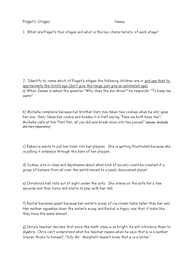 Piagets Stages Worksheet | PDF | Neuroscience | Emergence