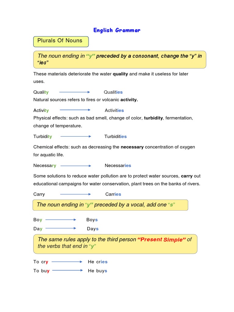 Plurals of Nouns: The Noun Ending in Preceded by A Consonant, Change ...