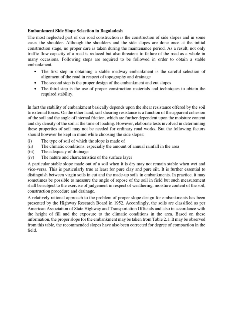 Embankment Side Slope Selection in Bagaladesh | PDF | Road | Soil