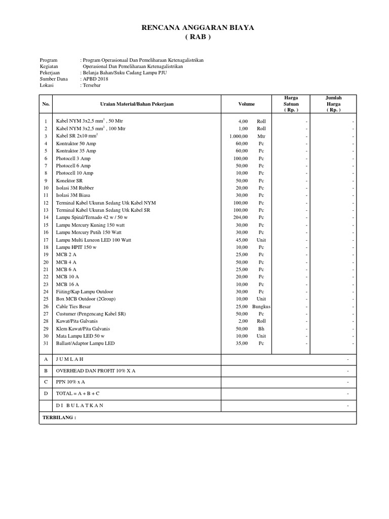 Rencana Anggaran Biaya (Rab) : Harga Jumlah No. Satuan Harga (RP.) (RP ...