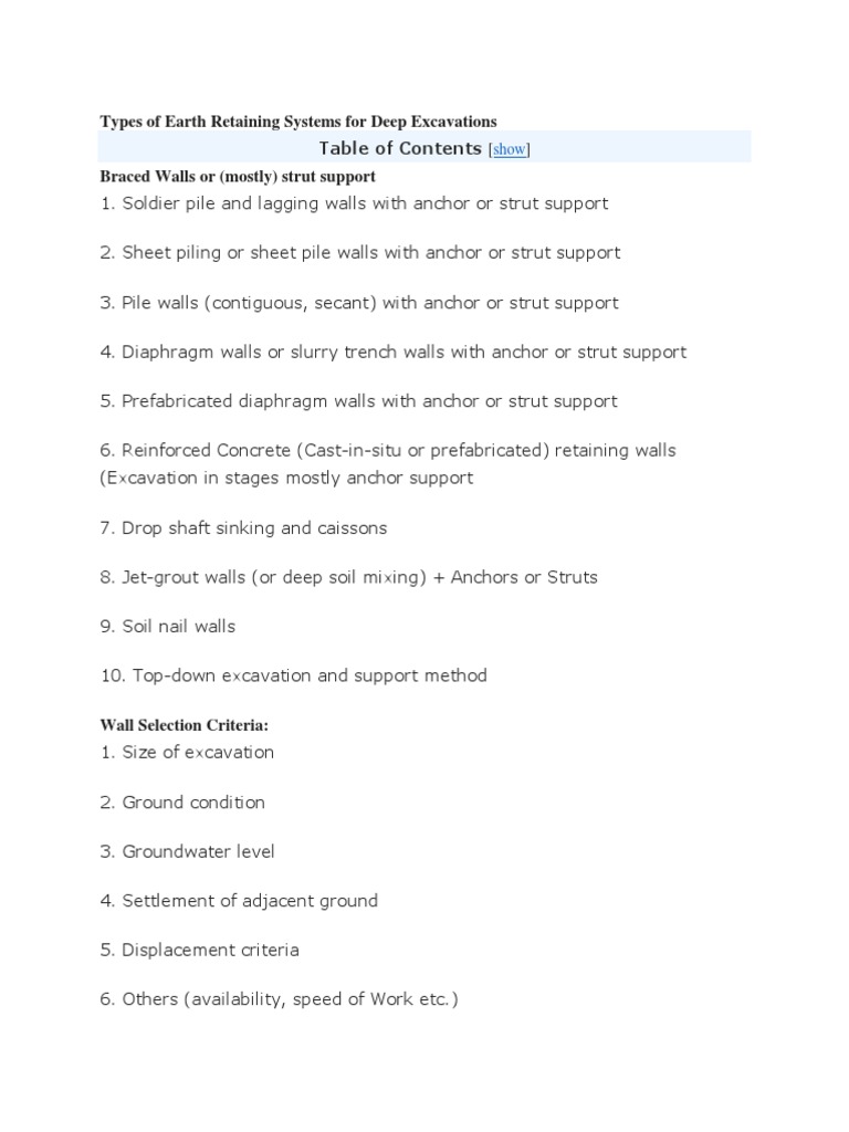 Types of Earth Retaining Systems For Deep Excavations | PDF | Deep ...